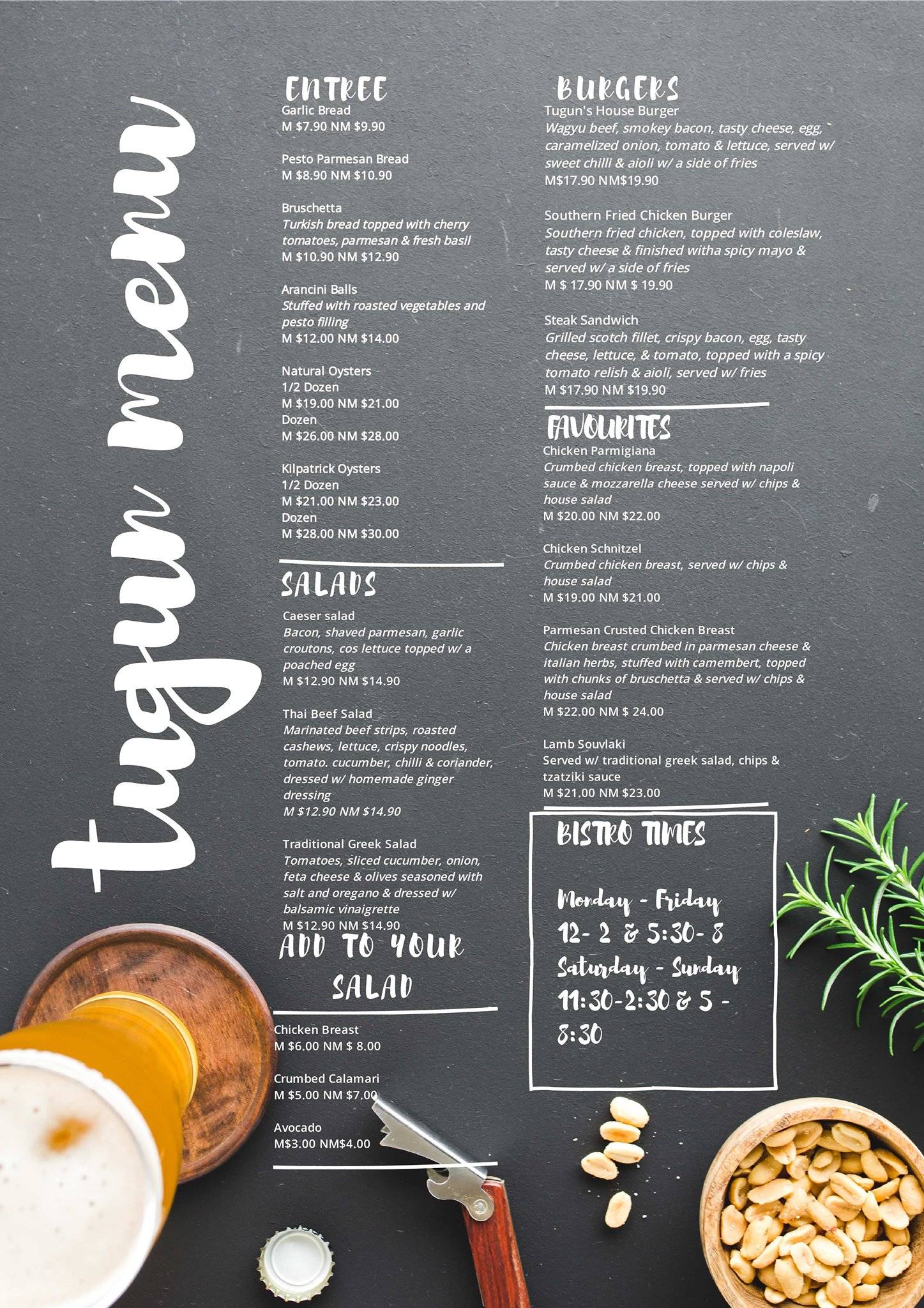 Menu at Tugun Surf Life Saving Club, Tugun