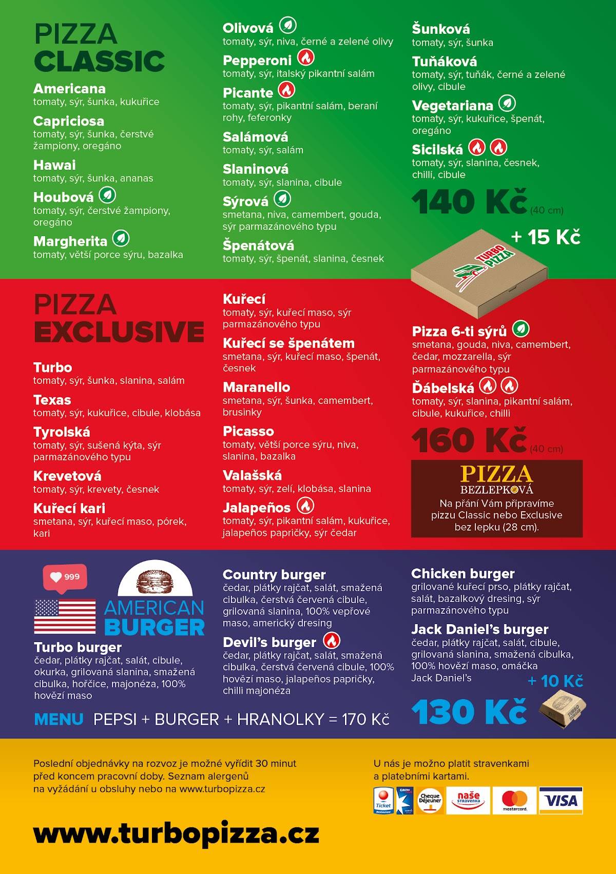Menu at Turbo pizza restaurant, Poděbrady