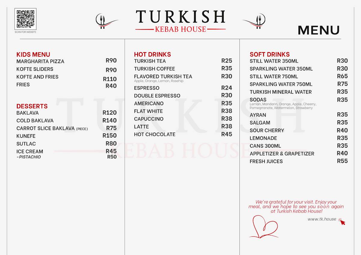 Menu at Turkish Kebab House Rosebank restaurant, Johannesburg