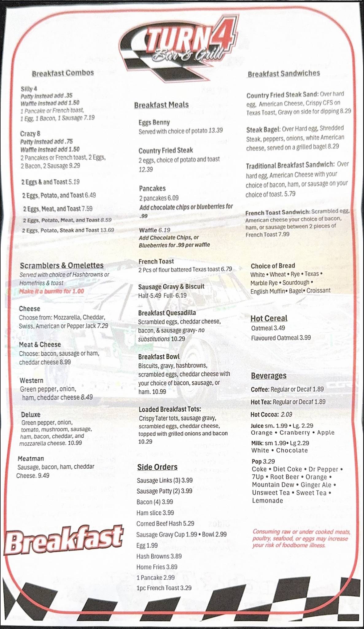 Menu at Turn 4 Bar & Grill, Orwell
