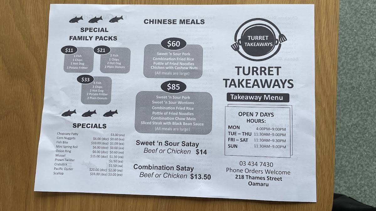 Menu at Turret Takeaways fast food, Oamaru