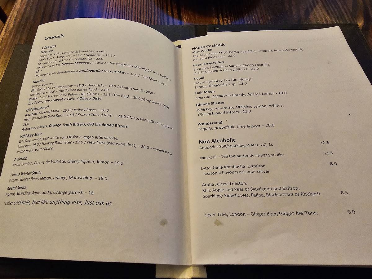 Menu at Twenty Seven Steps restaurant, Christchurch