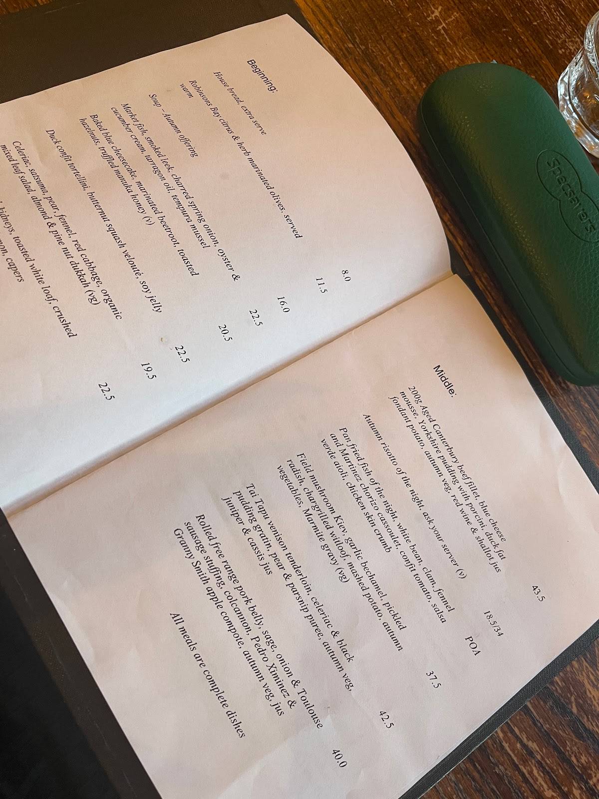 Menu at Twenty Seven Steps restaurant, Christchurch