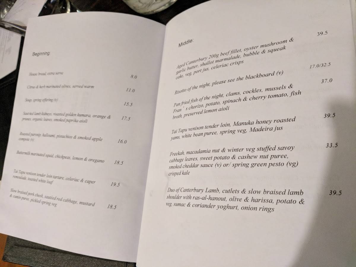 Menu at Twenty Seven Steps restaurant, Christchurch