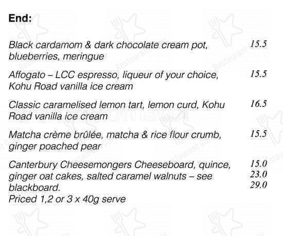 Menu at Twenty Seven Steps restaurant, Christchurch