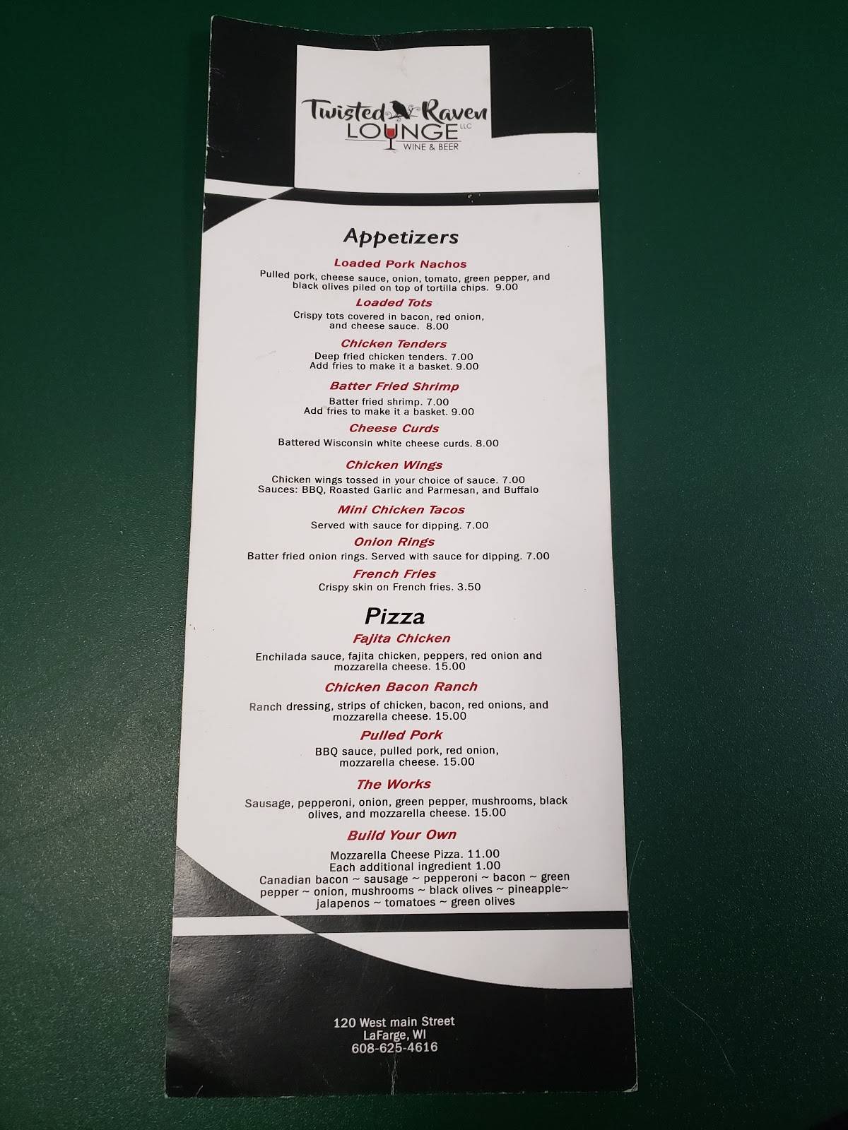 Menu at Twisted Raven Lounge pub & bar, La Farge