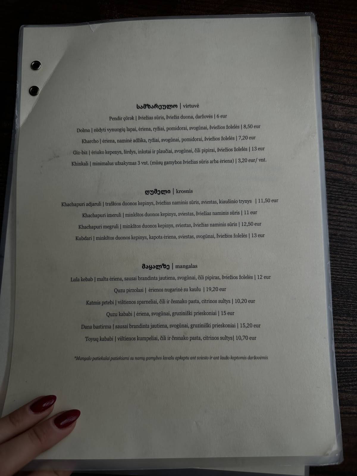 Menu at UGRUZINA restaurant, Vilnius, Kalvarijų g. 59A-1