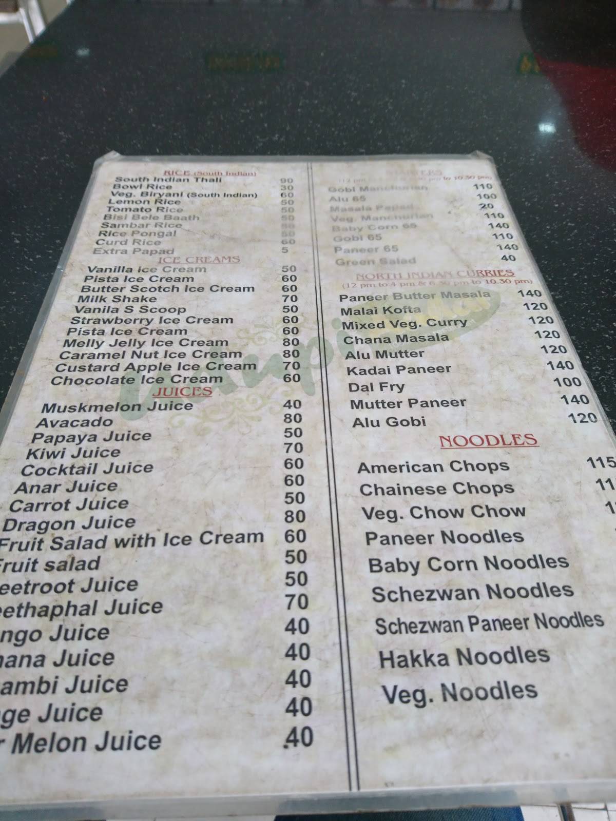 Menu at Udupi Aahar, Hyderabad