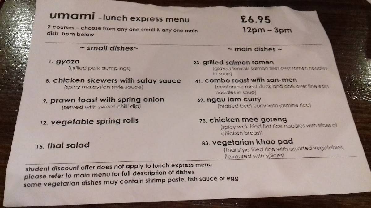 Menu at Umami restaurant, Manchester