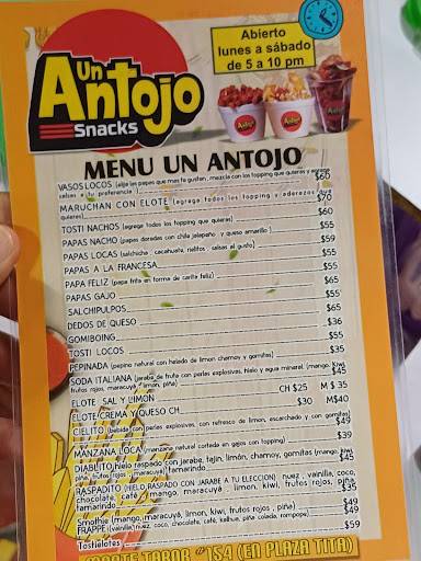 Carta del postres Un Antojo Snacks, Guadalajara