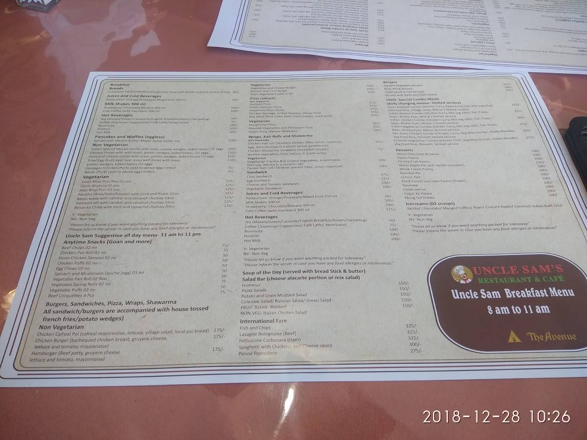 Menu at Uncle Sam's Restaurant &Cafe., Calangute