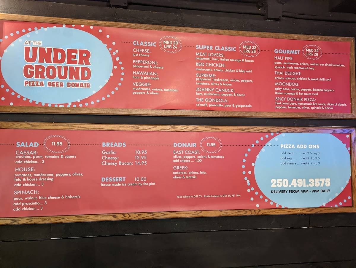Menu at Underground Pizza pizzeria, Canada, Big White Rd