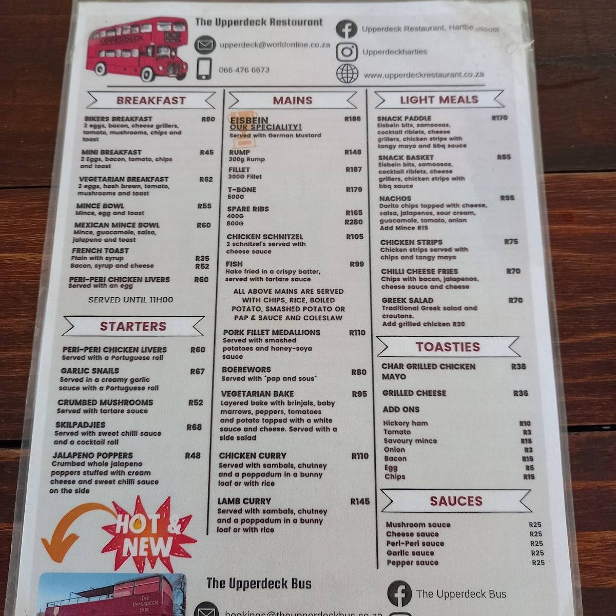Menu at Upperdeck Restaurant, Hartbeespoort, Old Rustenburg Road Damdoryn