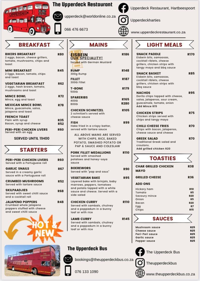 Menu at Upperdeck Restaurant, Hartbeespoort, Old Rustenburg Road Damdoryn