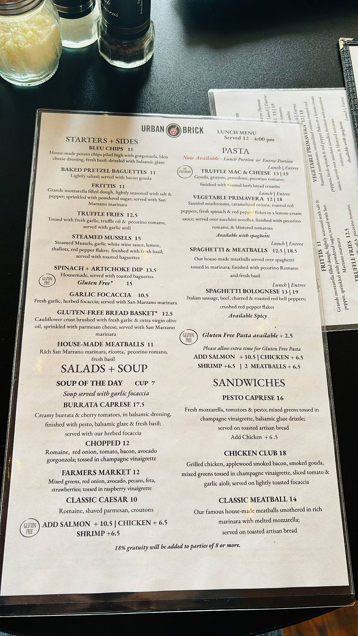 Menu at Urban Brick pizzeria, DeLand
