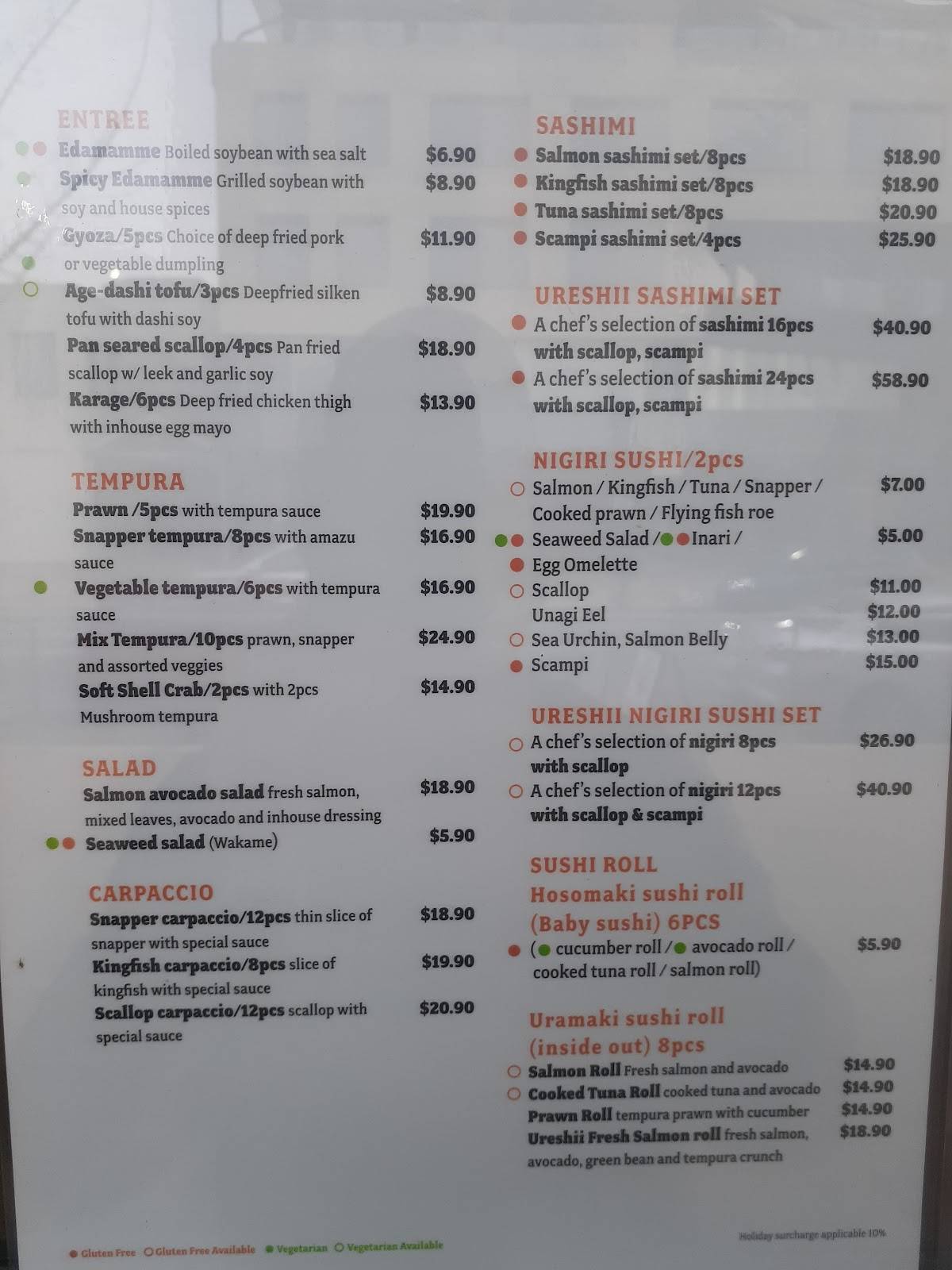 Menu at Ureshii Japanese Restaurant, Greenway