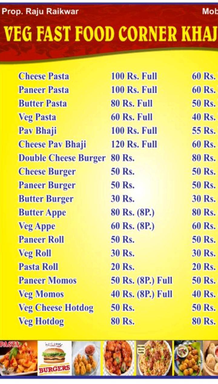 Menu at VEG FAST FOOD CORNER khajuraho, Khajuraho