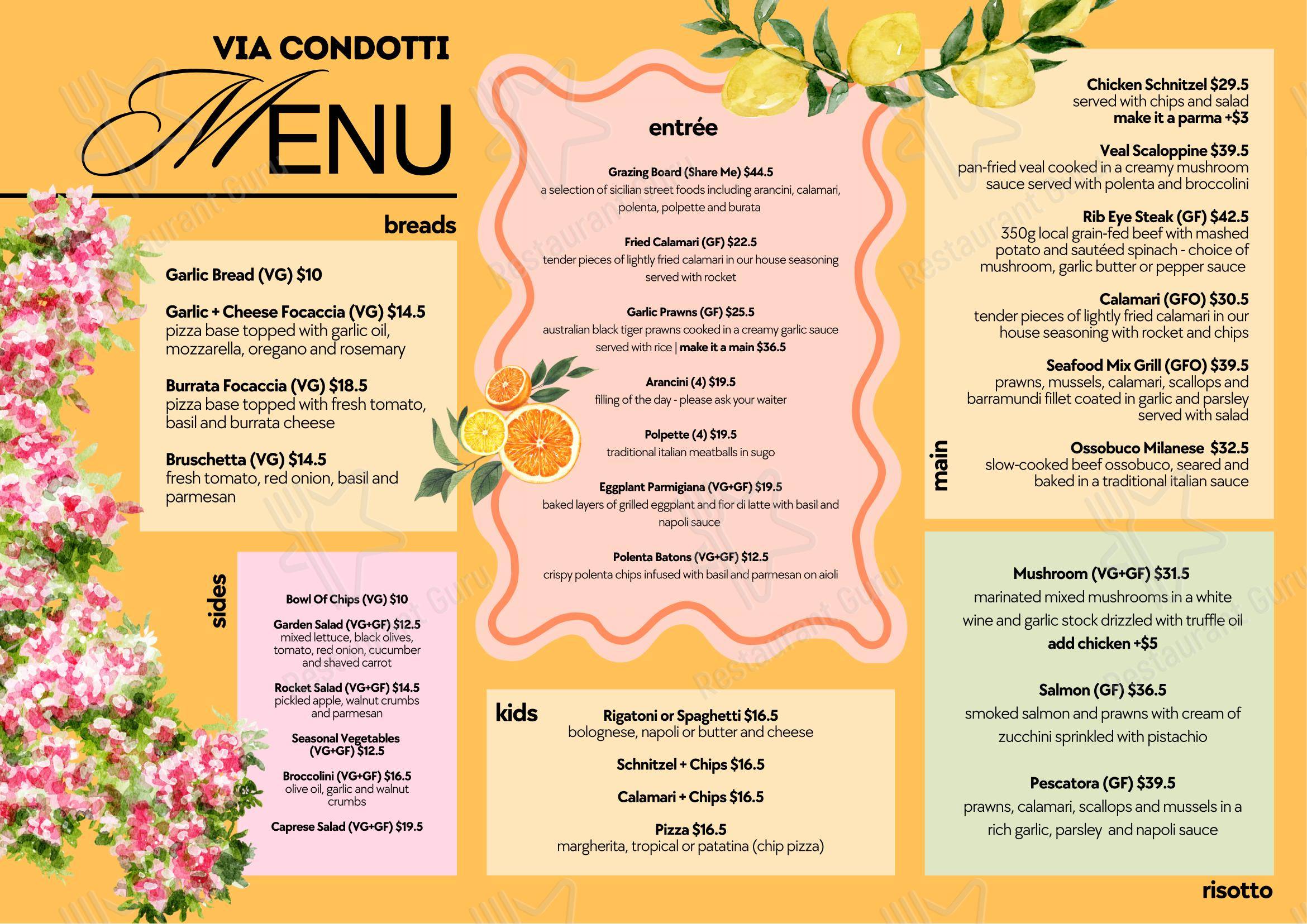 Menu at VIA CONDOTTI restaurant, Balwyn North