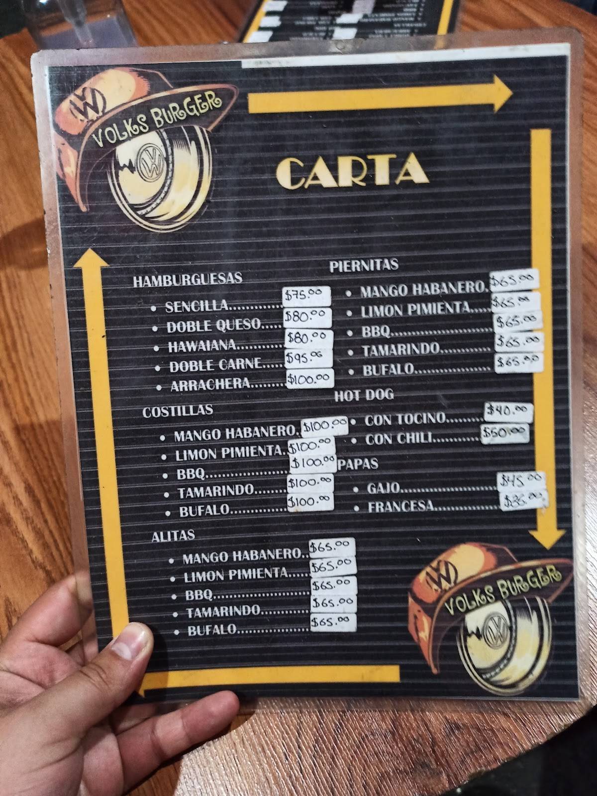 Menu at VOLKS BURGER restaurant, Mexico