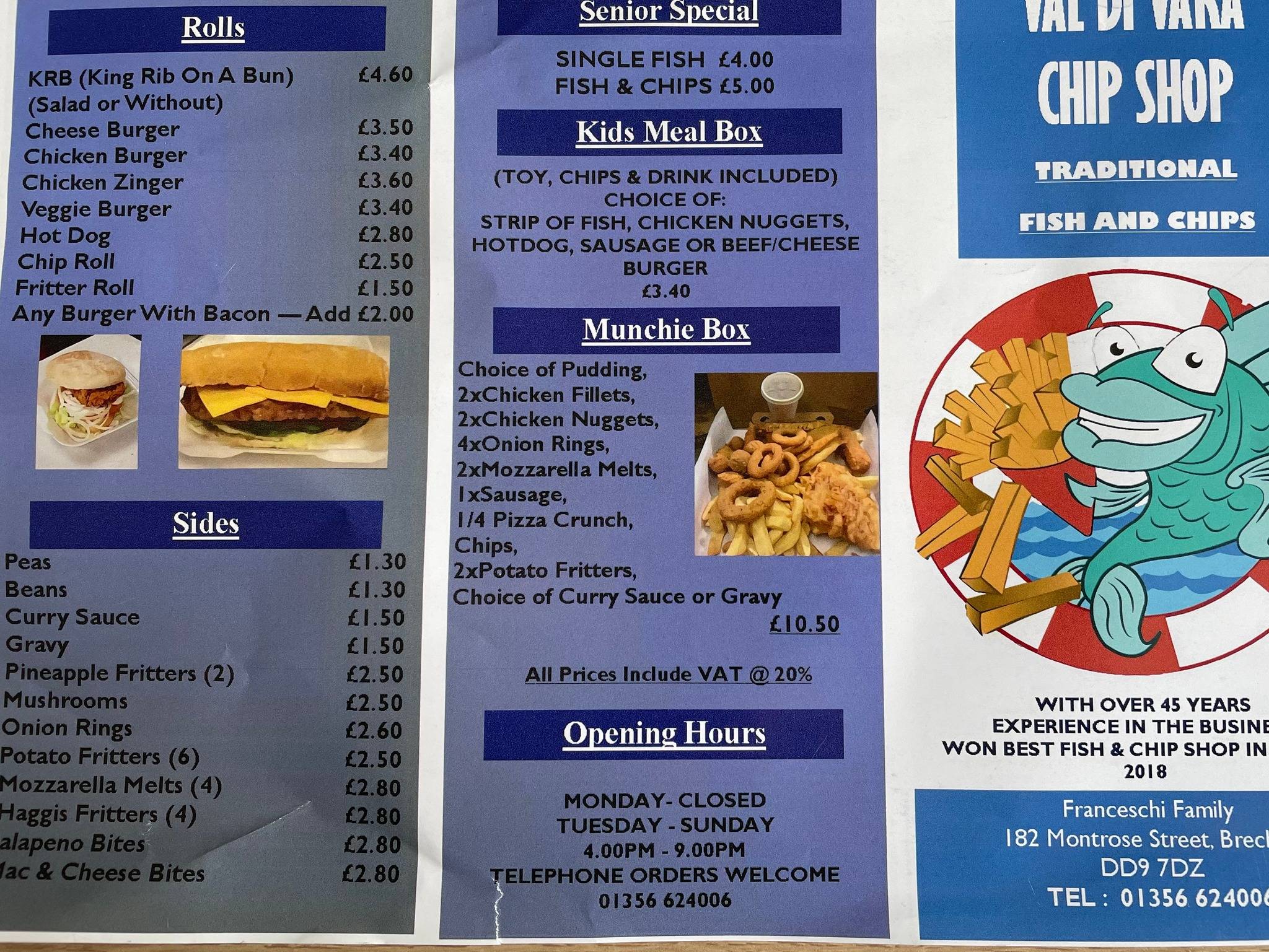 Menu at Val Di Vara Fish and Chip Shop fast food, Brechin