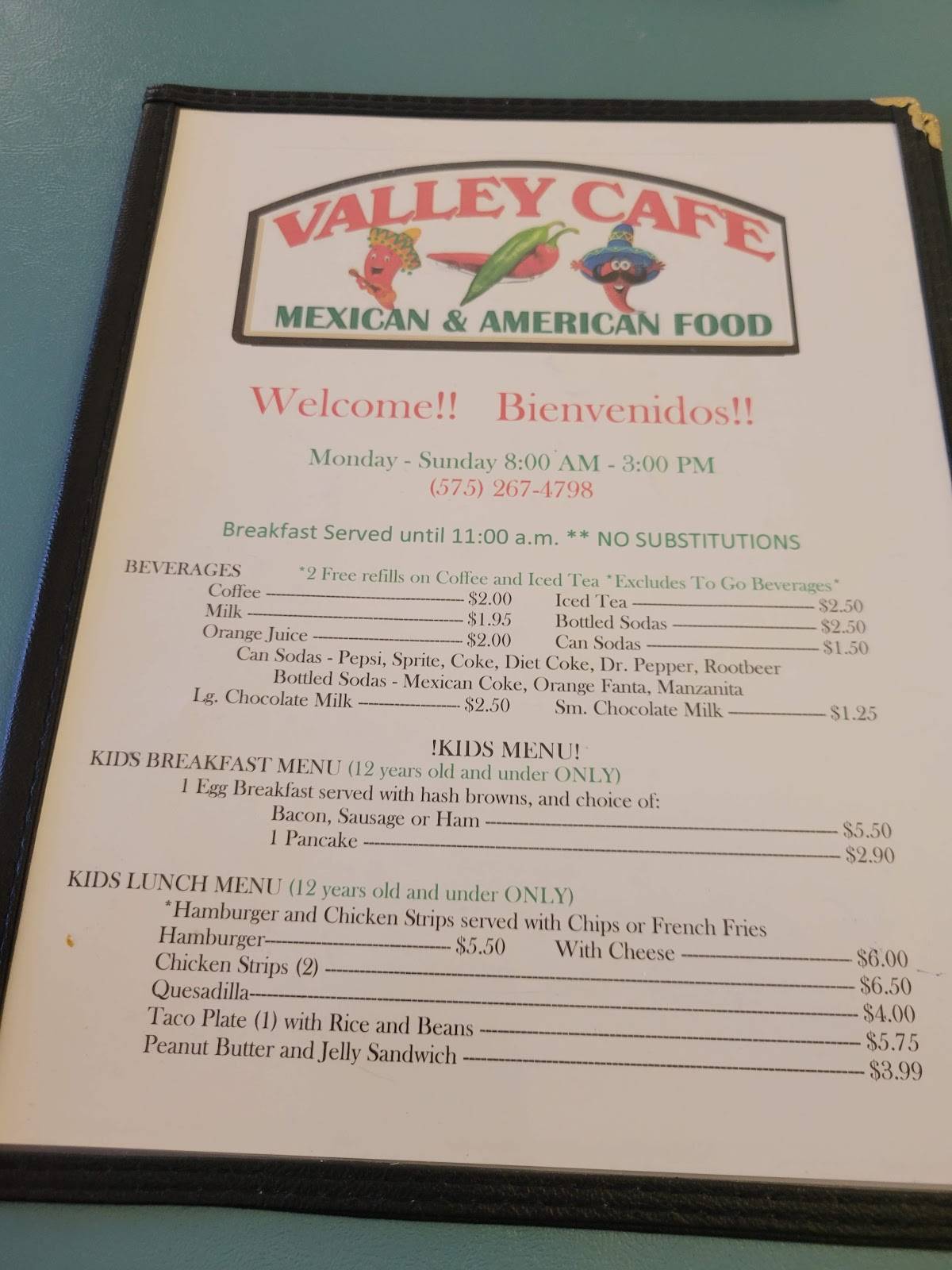 Menu at Valley Cafe, Hatch