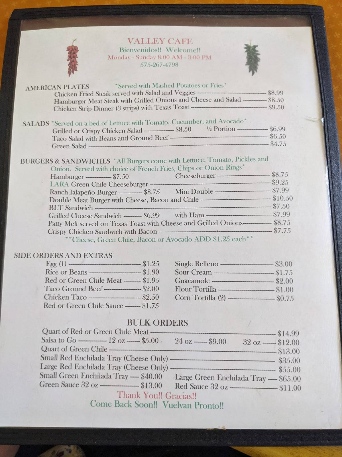 Menu at Valley Cafe, Hatch