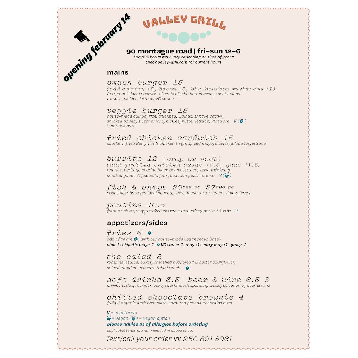Menu at Valley Grill restaurant, Galiano Island