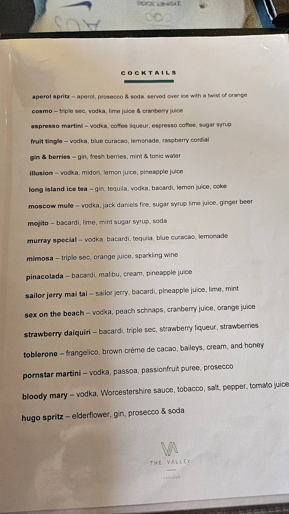 Menu at Valley Inn Hotel pub & bar, South Geelong