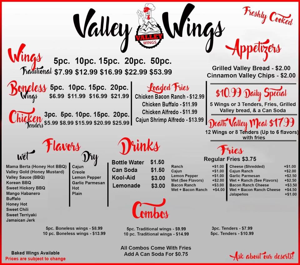Carta del restaurante Valley Wings, Baton Rouge