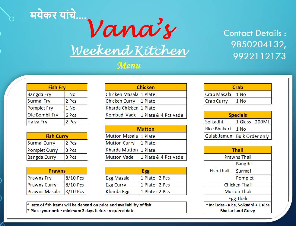Menu at Vanashree’s Kitchen, formerly Vana’s Weekend Kitchen, Pune