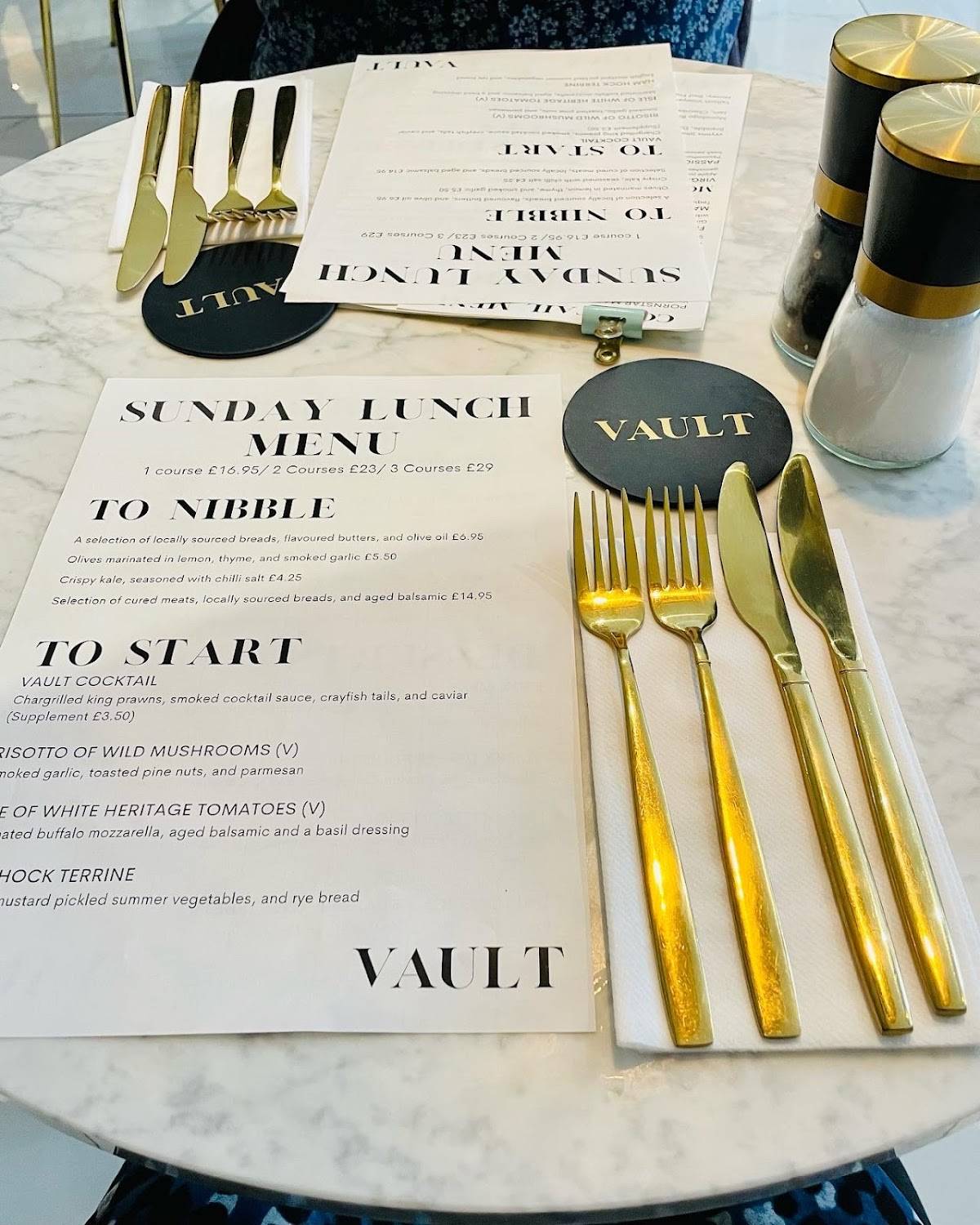Carta de Vault Restaurant and Boutique Hotel, Ashbourne