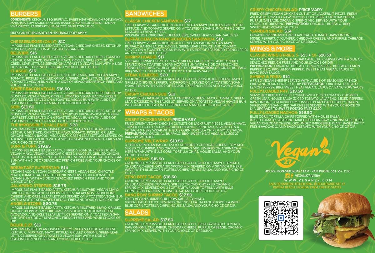 Menu at Vegan 27 restaurant, Riviera Beach