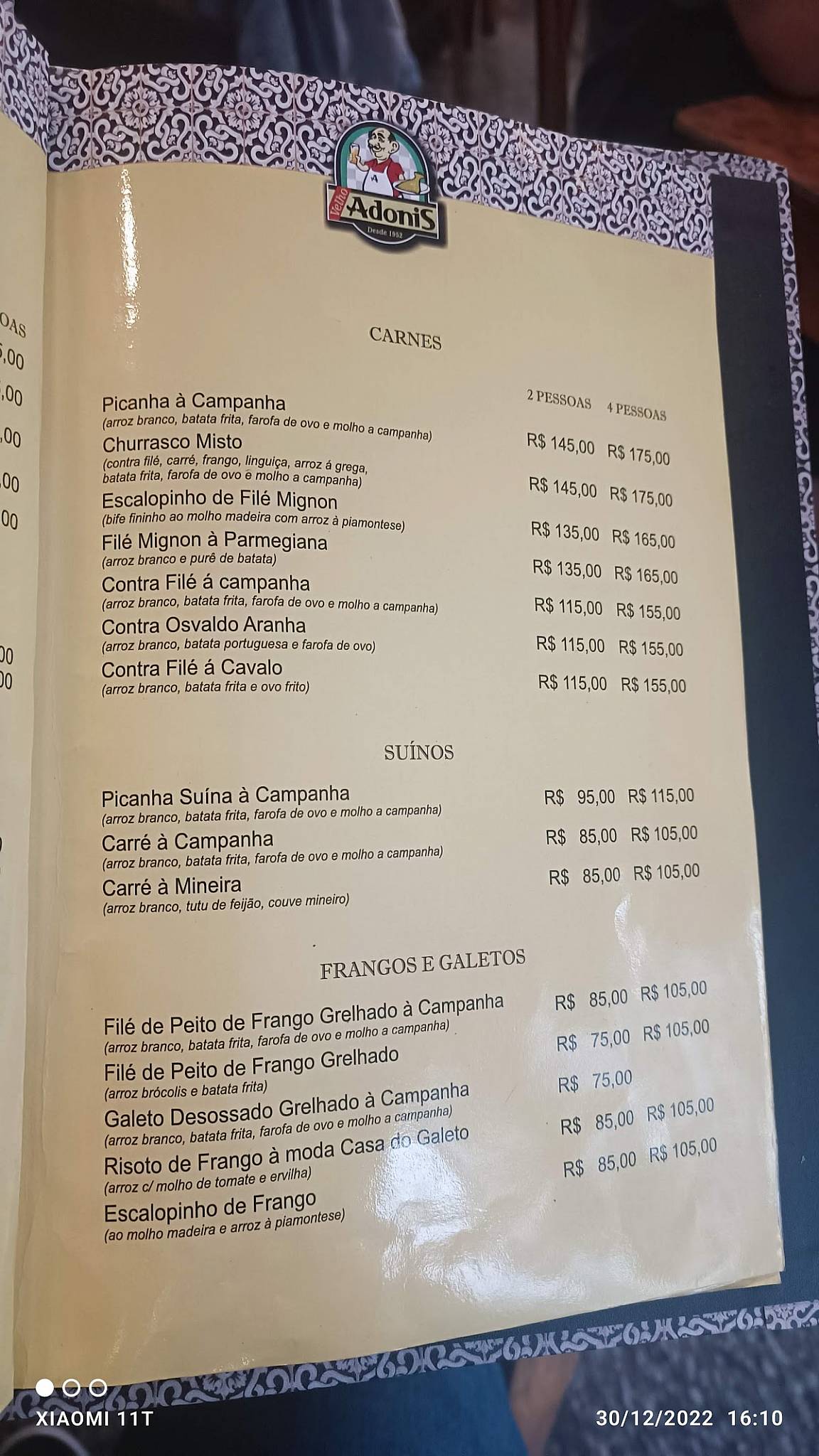 Menu em Velho Adonis restaurante, Rio de Janeiro