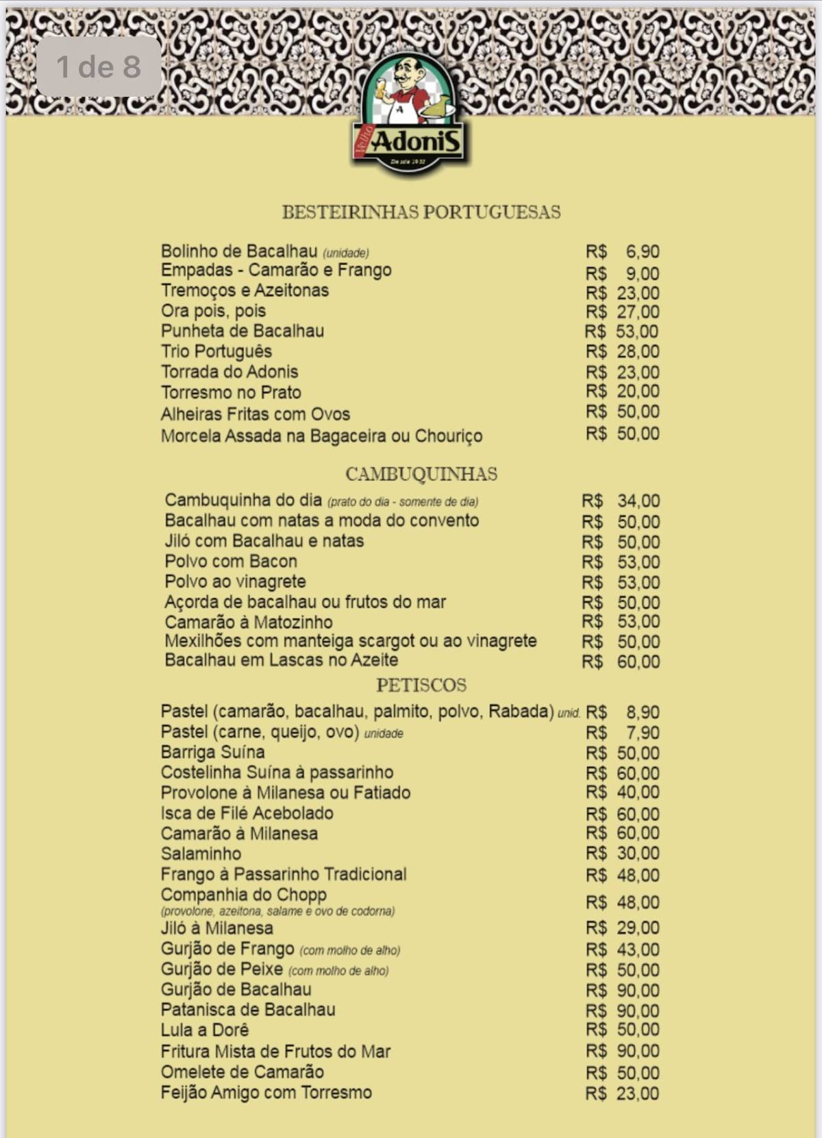 Menu em Velho Adonis restaurante, Rio de Janeiro
