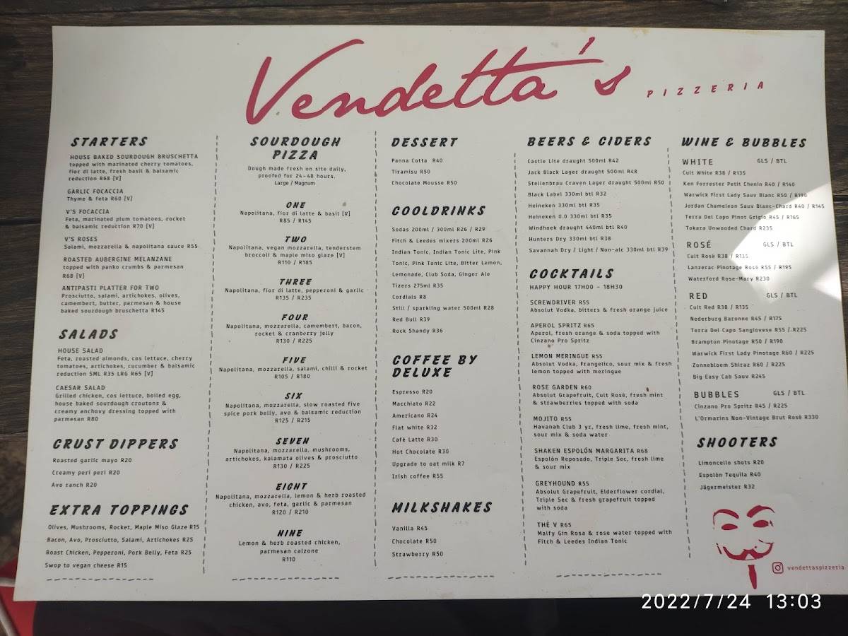 Menu at Vendetta's Pizzeria, Stellenbosch