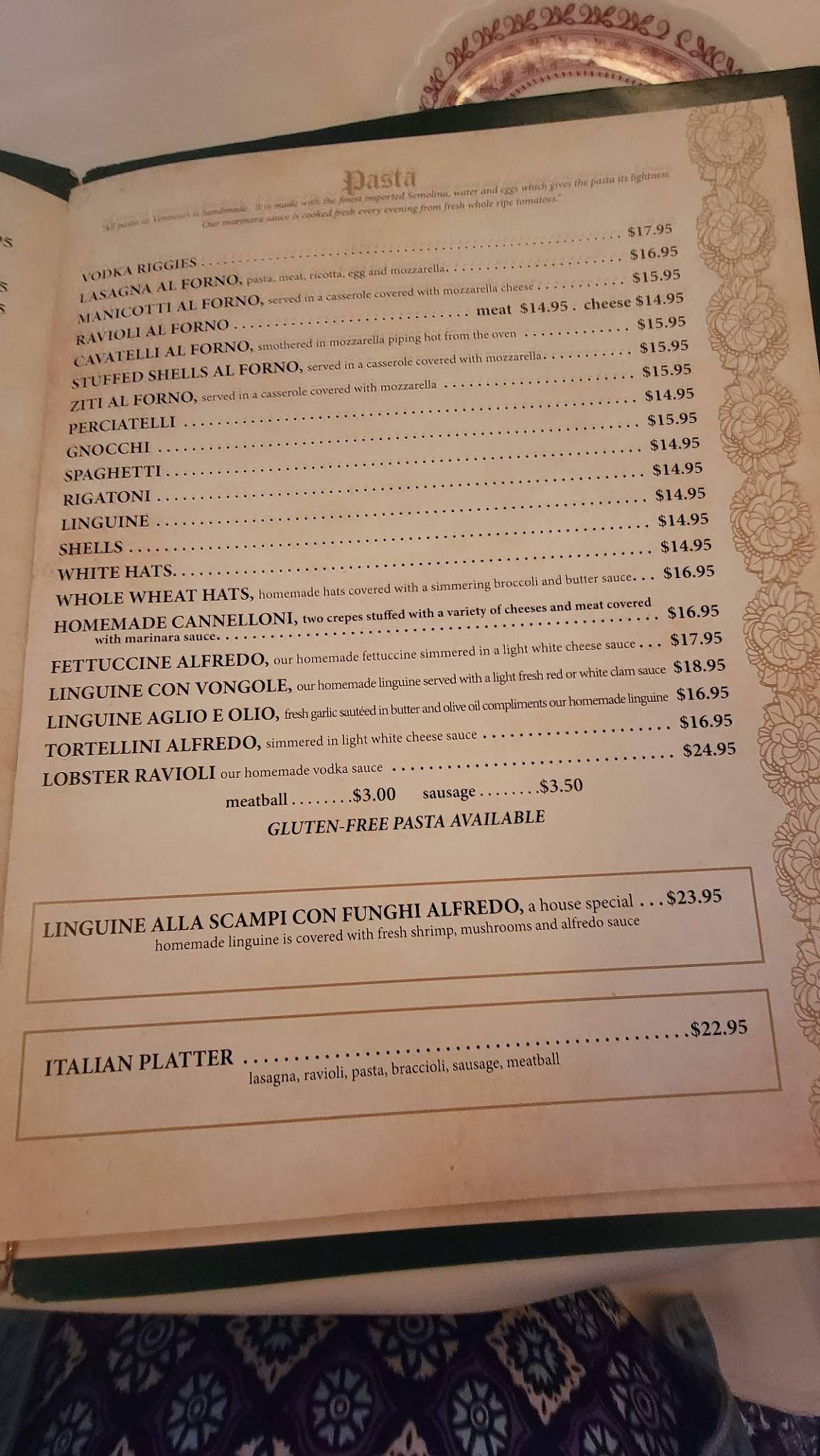 Menu at Ventura's restaurant, Utica
