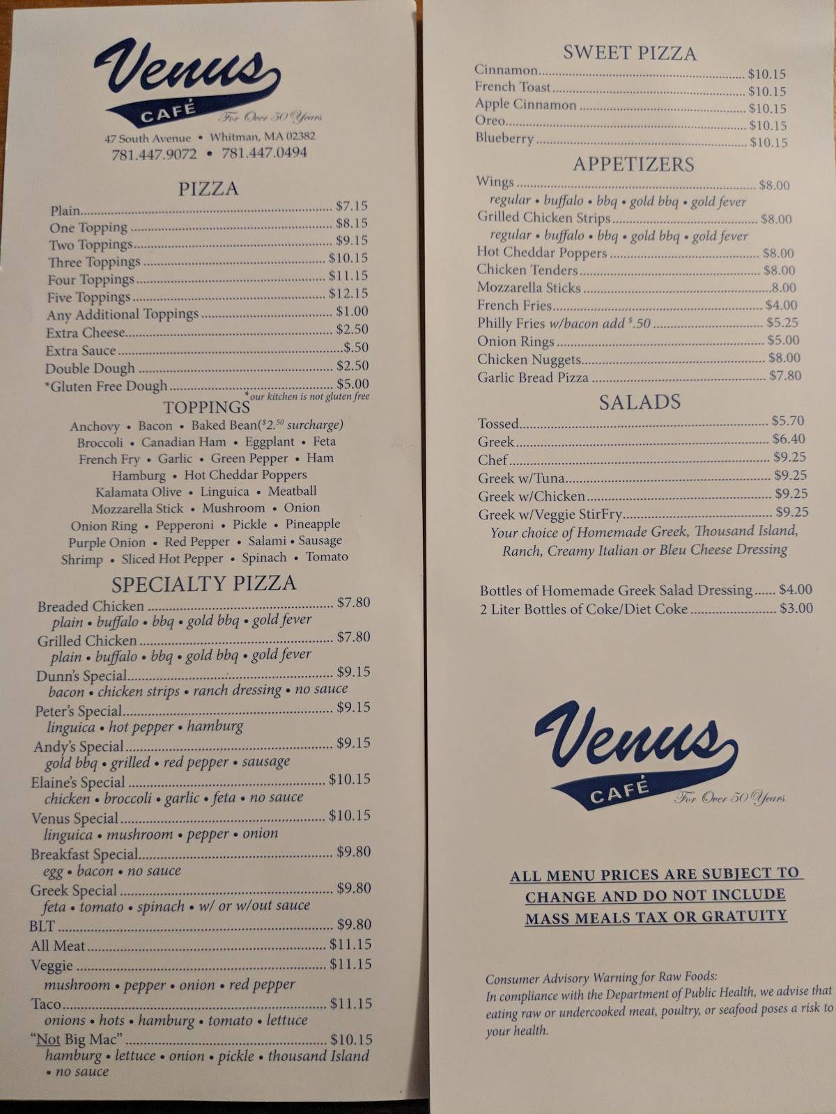 Menu at Venus Cafe, Whitman