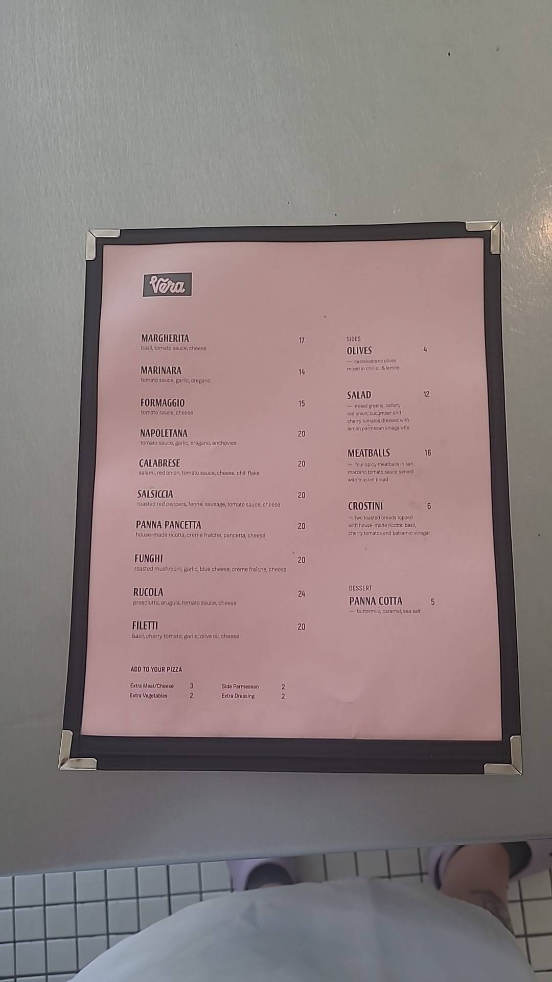 Menu at Vera Pizza pizzeria, Winnipeg
