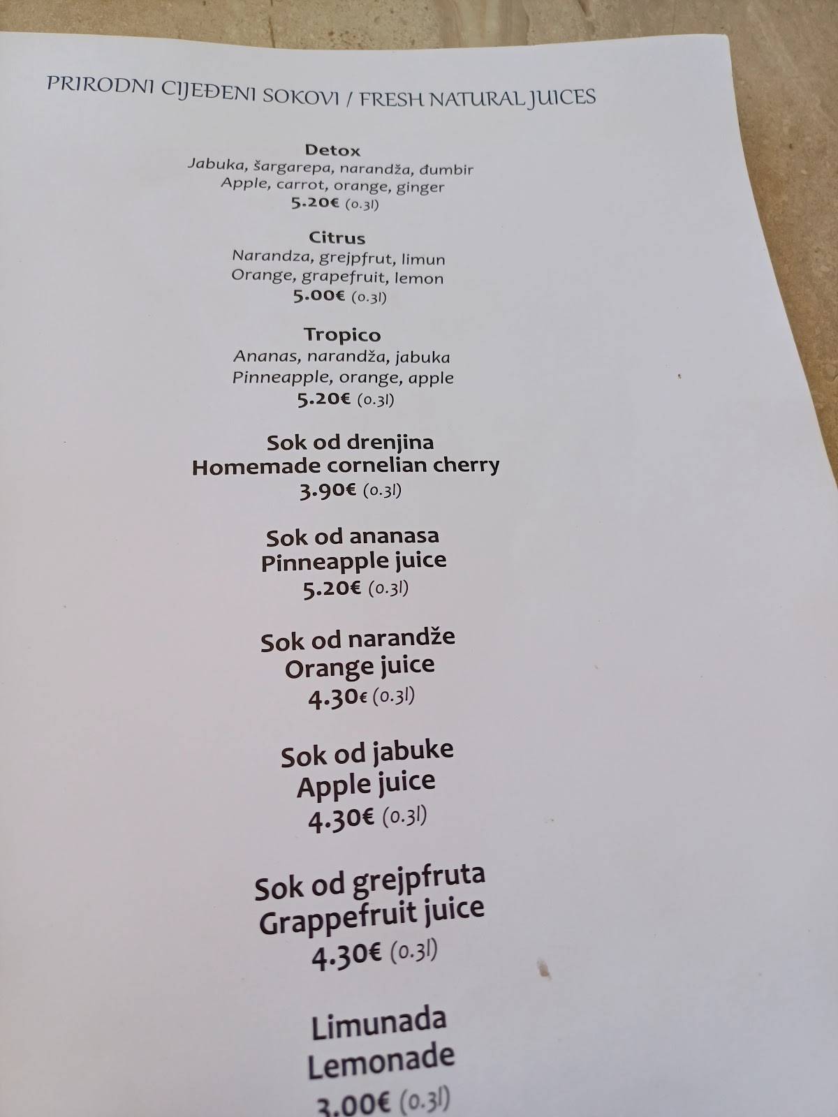 Menu at Verige 65 restaurant, Kostanjica