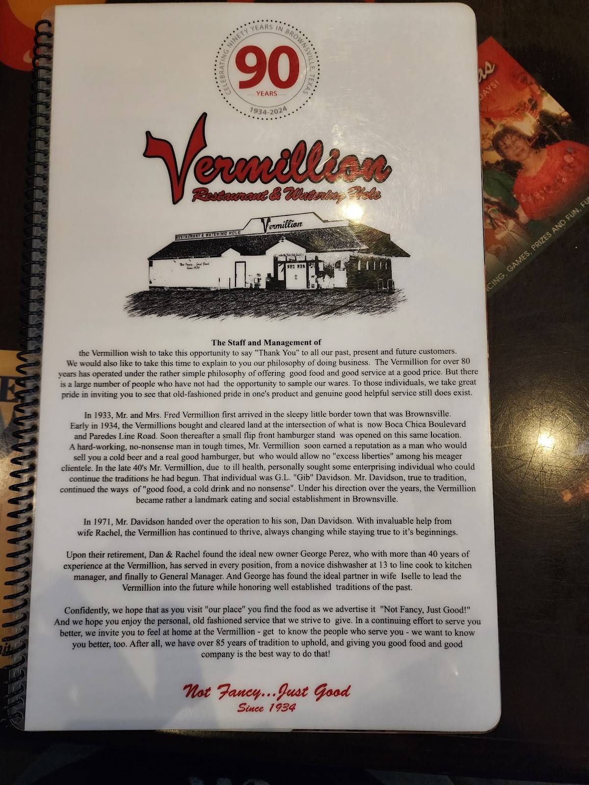 Menu at Vermillion Restaurant and Watering Hole, Brownsville