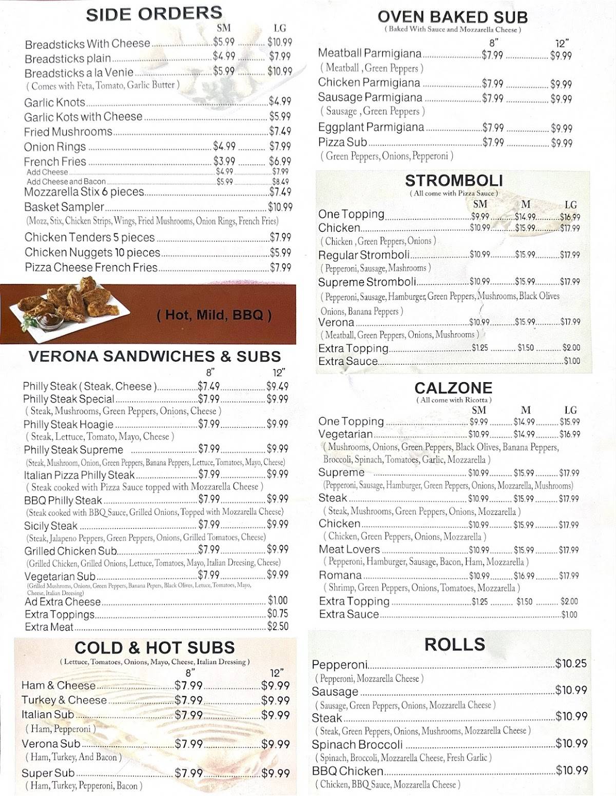Menu at Verona's Pizzeria & Italian, Dublin