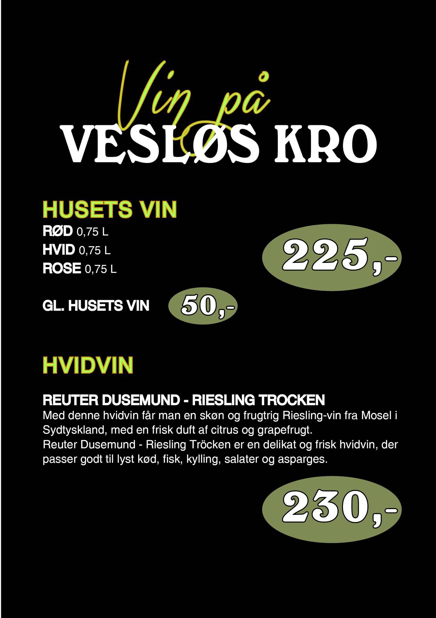 Menu at Vesløs Kro restaurant, Vesløs