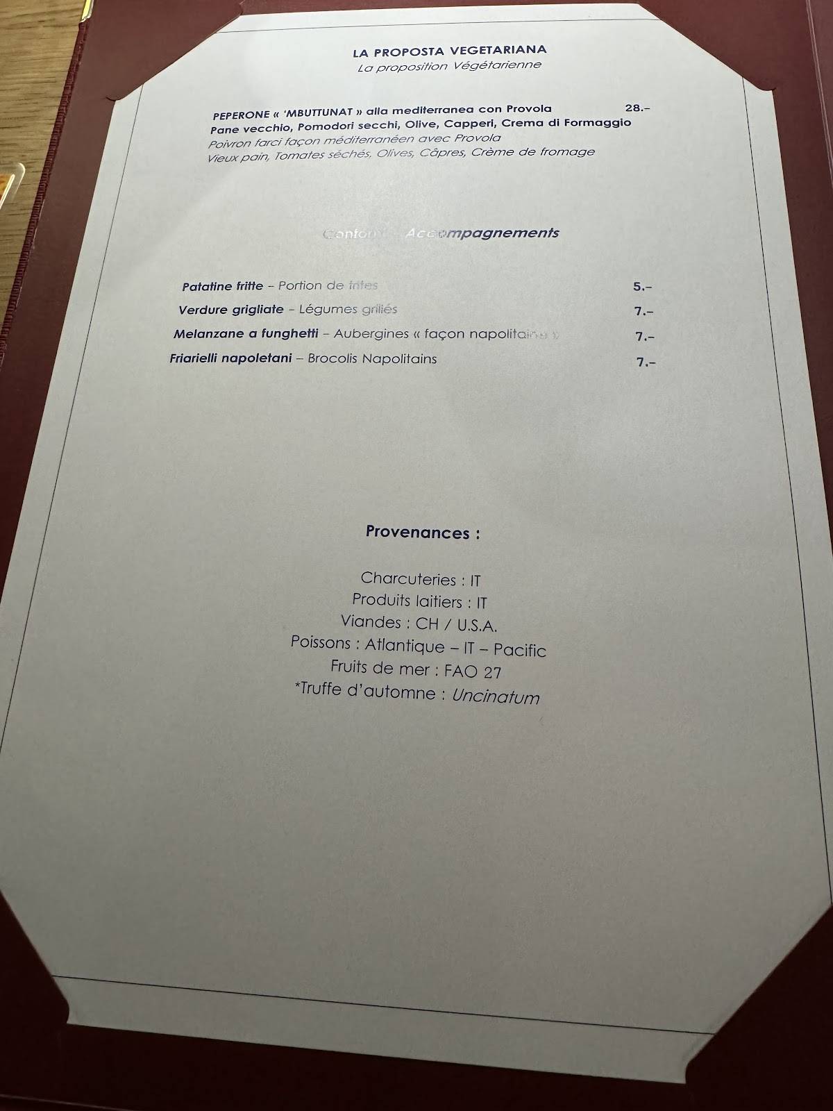 Menu au Vesuvius Restaurant Pizzeria Napoletana, Neuchâtel