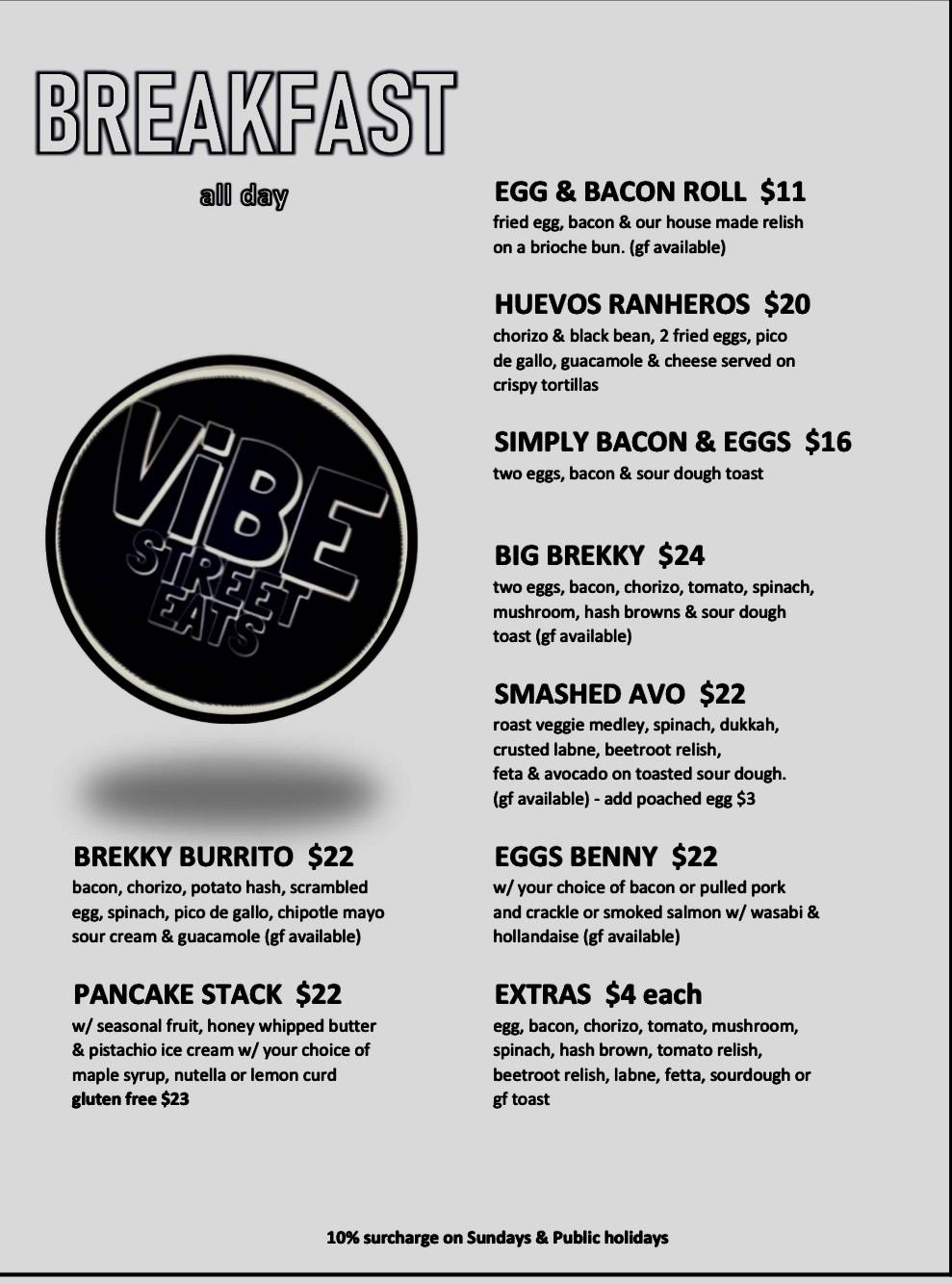 Menu at ViBE Street eats cafe, White Hills