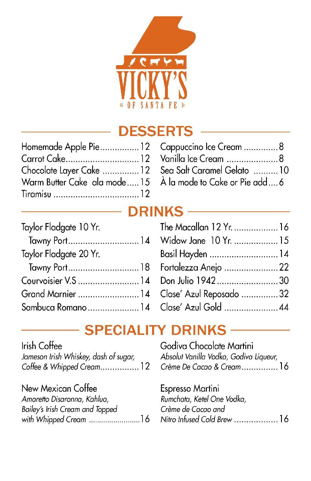 Menu at Vicky's of Santa Fe pub & bar, Indian Wells