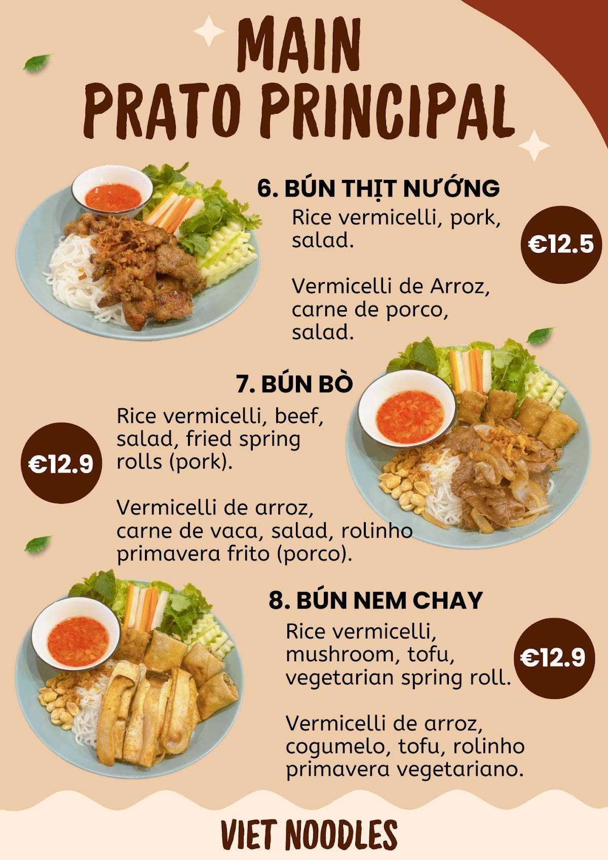 Menu at Viet Noodles restaurant, Lisbon
