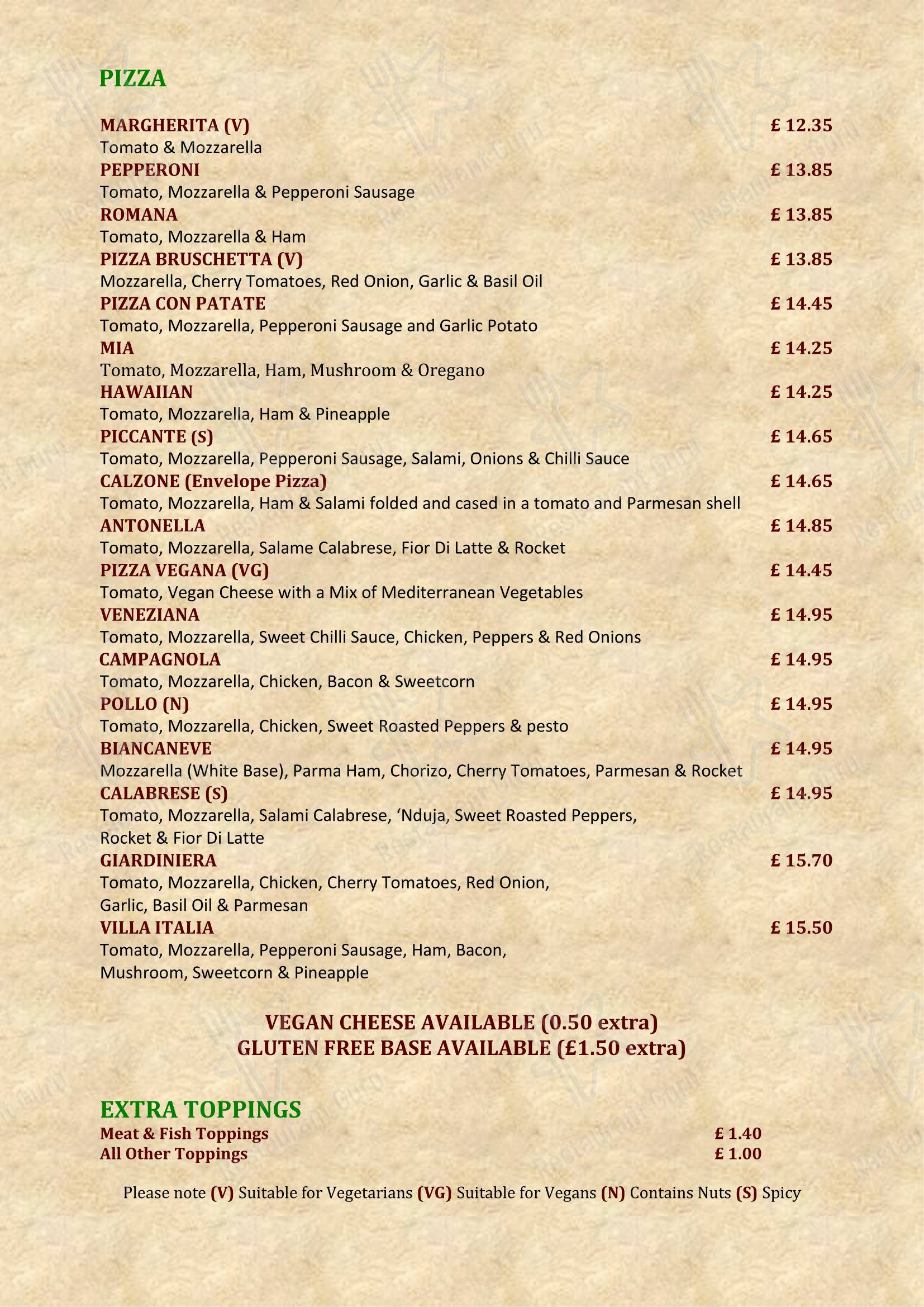 Menu at Villa Italia pizzeria, Belfast