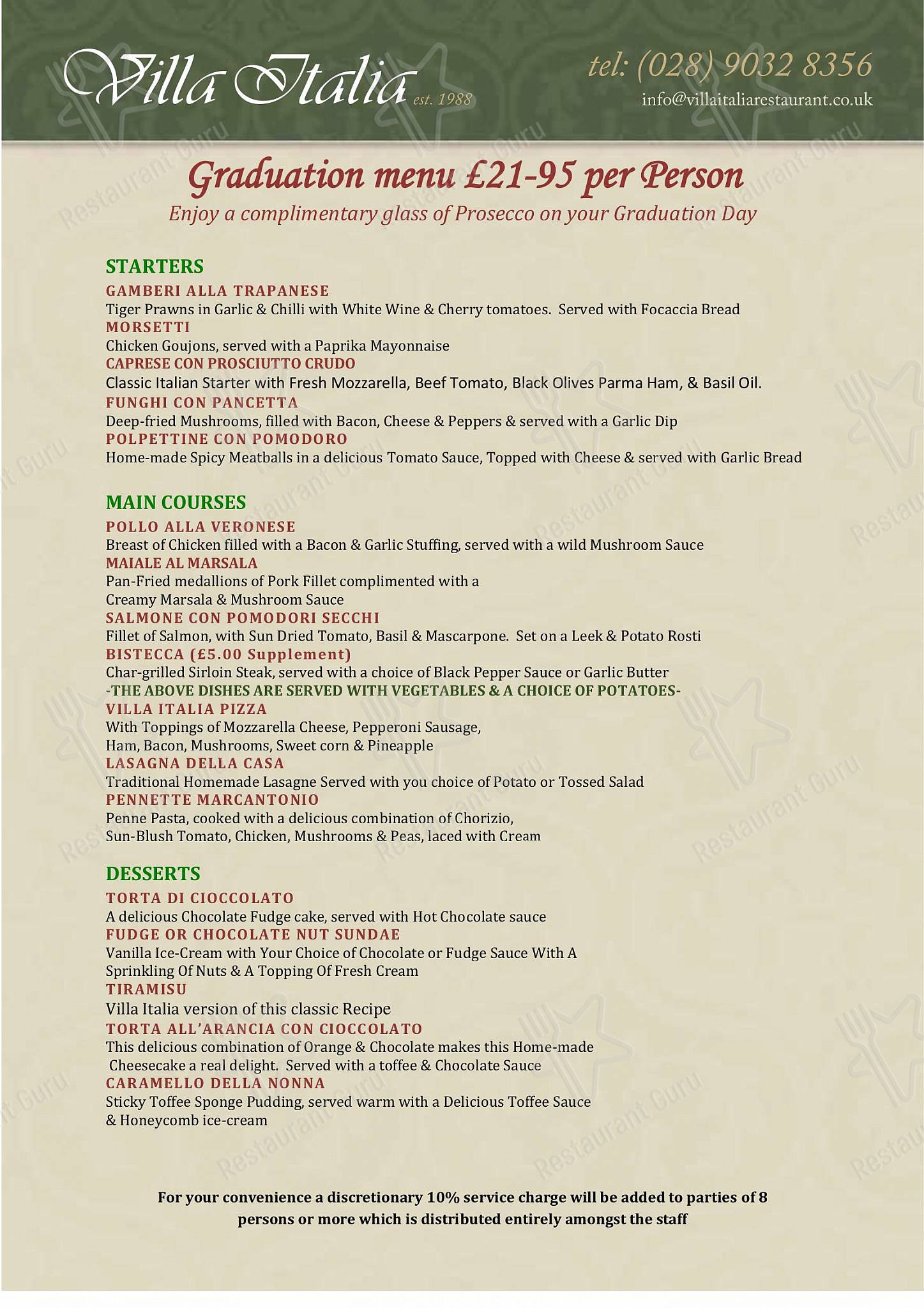 Menu at Villa Italia pizzeria, Belfast