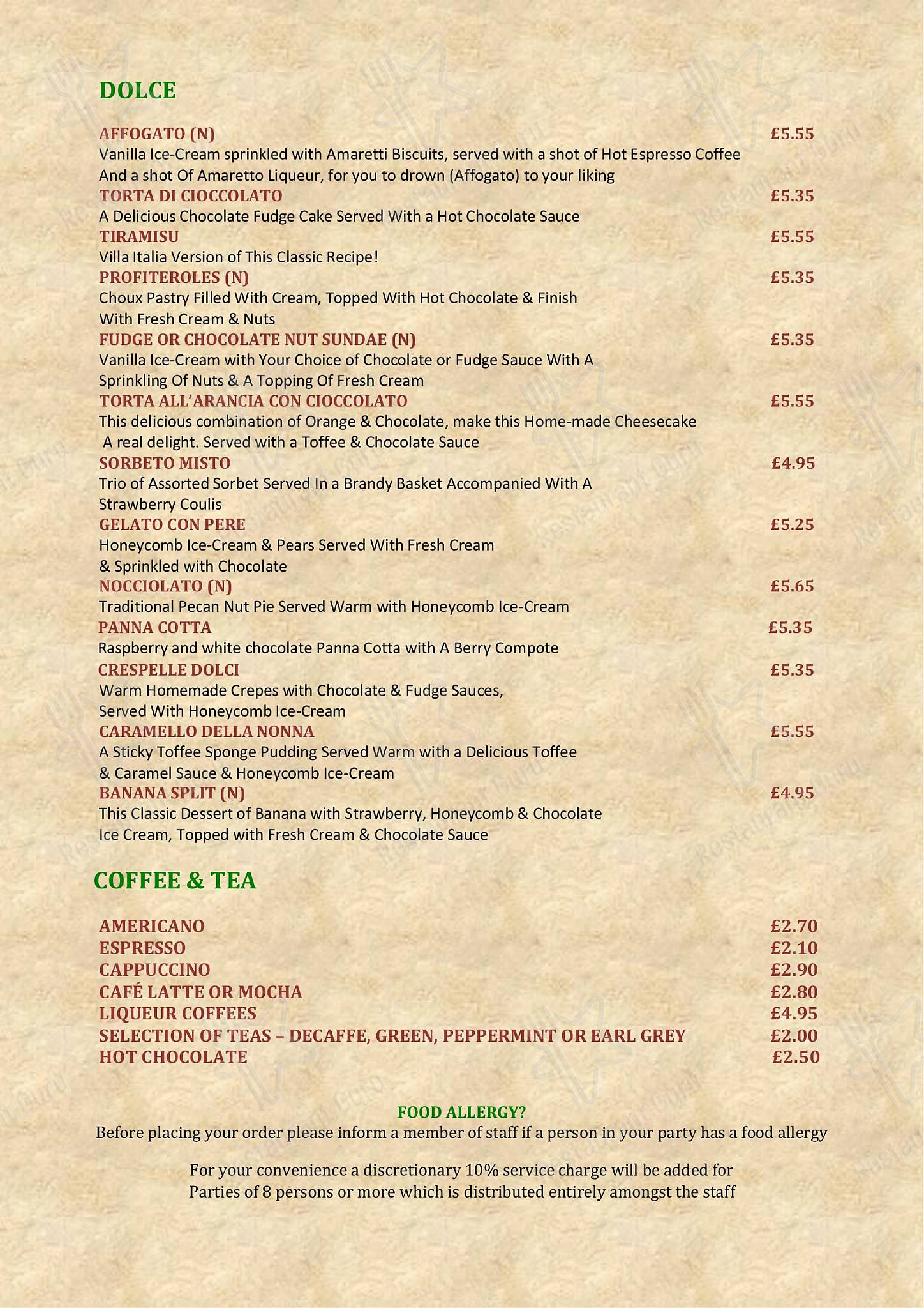 Menu at Villa Italia pizzeria, Belfast