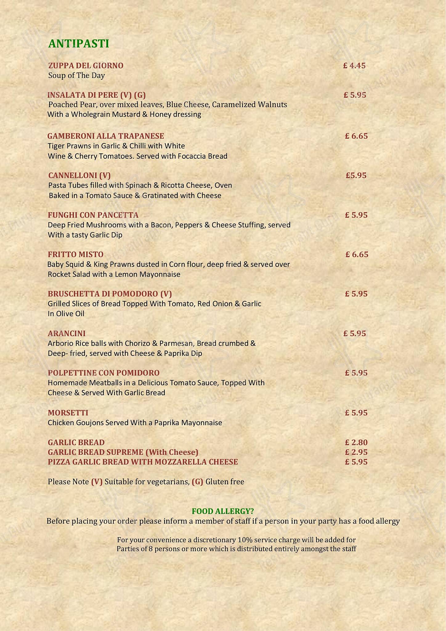 Menu at Villa Italia pizzeria, Belfast